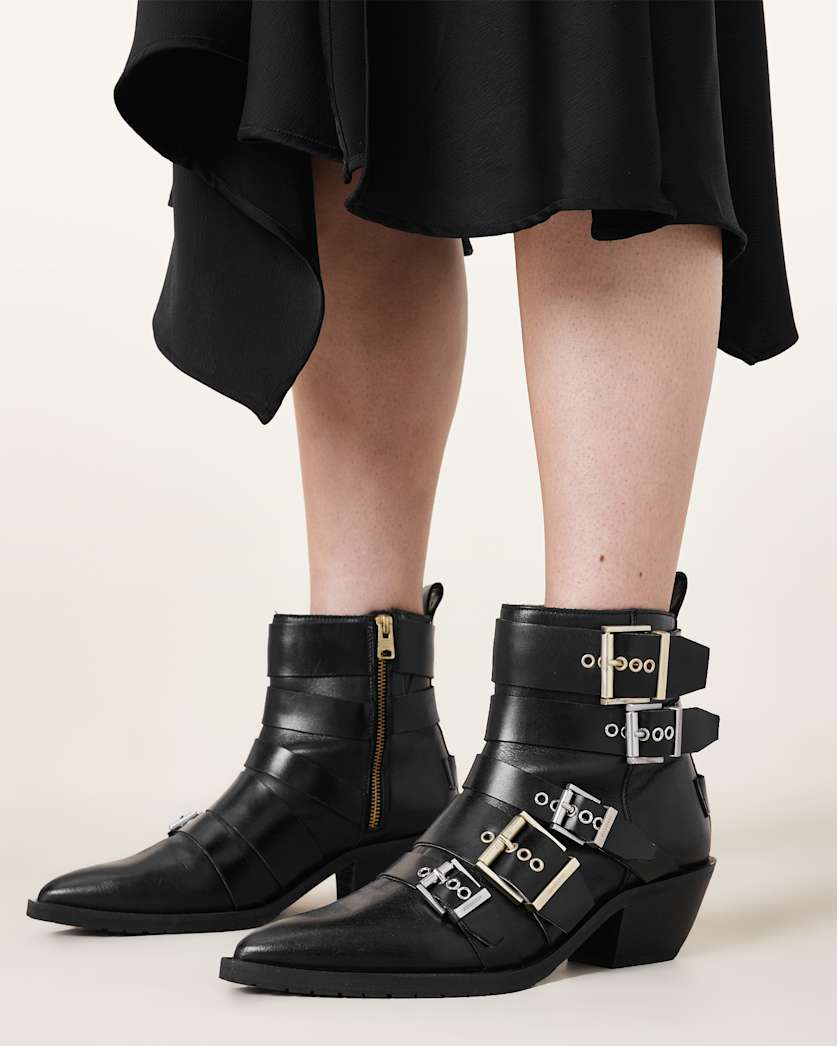 Jane Buckle Pointed Leather Boots Black | ALLSAINTS US